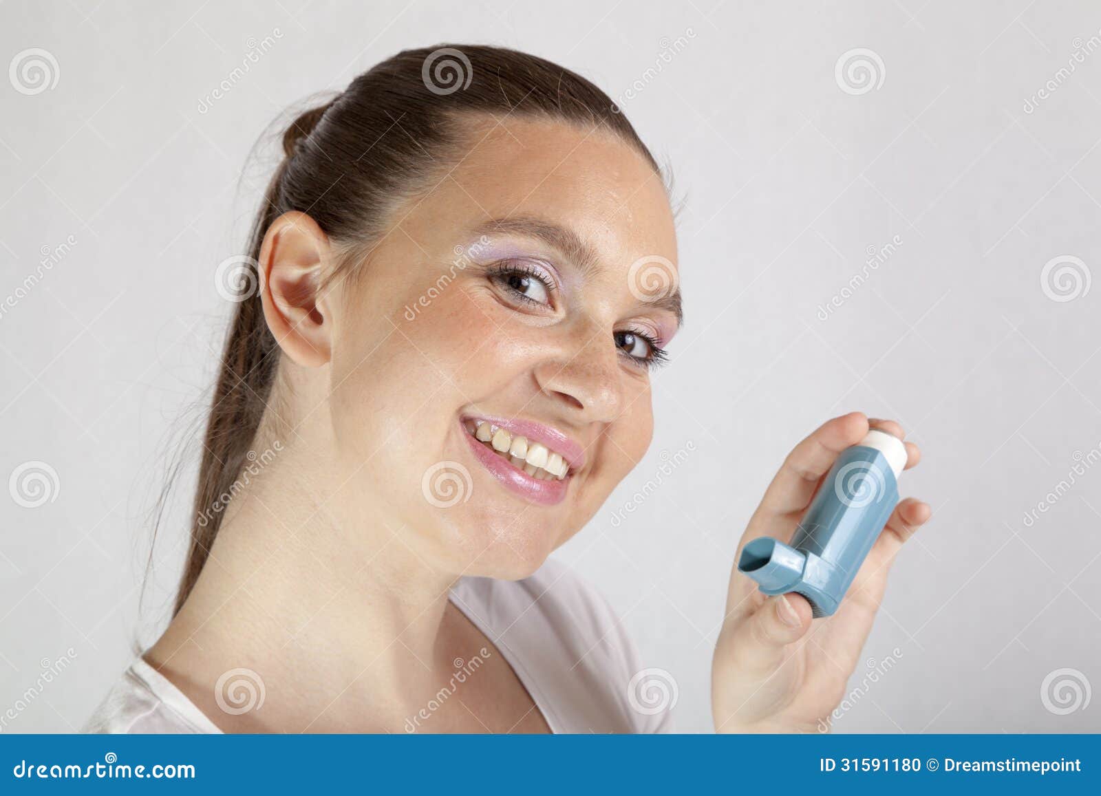 Cute Smiling Girl with Asthma Inhaler Stock Photo - Image of person ...