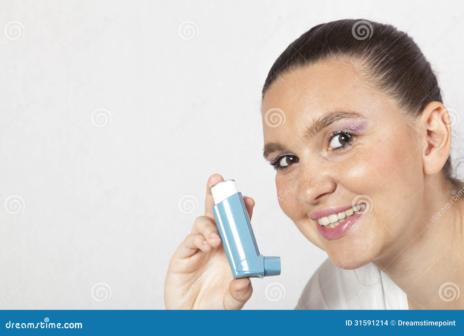 Cute Smiling Girl with Asthma Inhaler Stock Photo - Image of indoors ...