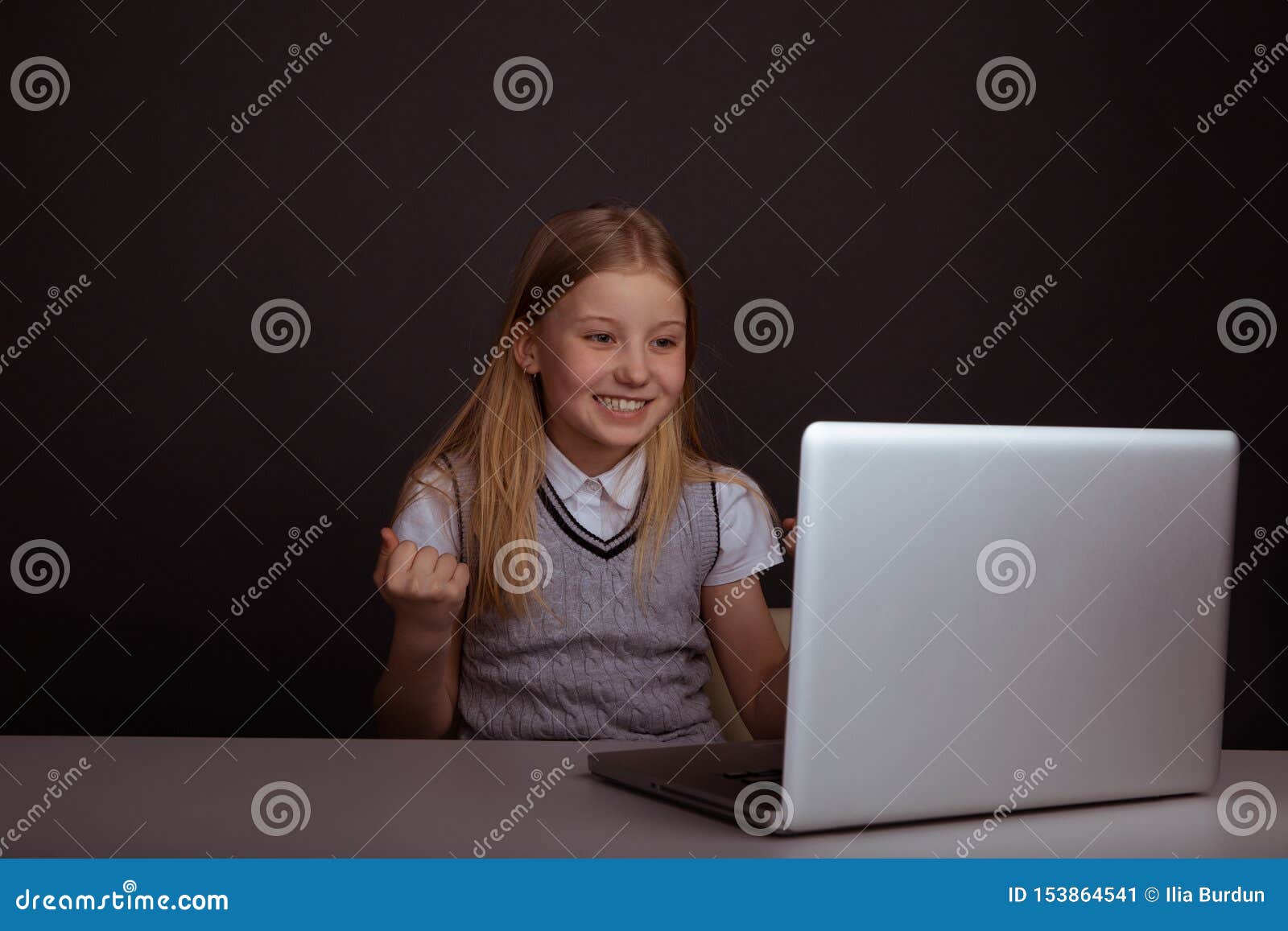 Cute Smiling Girl Using Computer Isolated. Stock Image - Image of ...