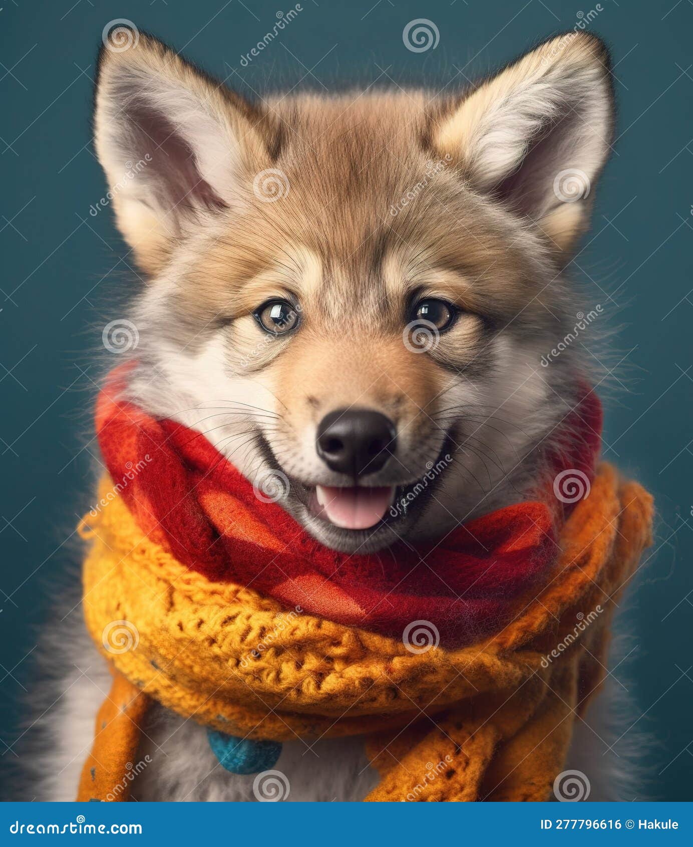 Cute Smiling Grey Wolf with Scarf in a Grey Background, Portrait ...