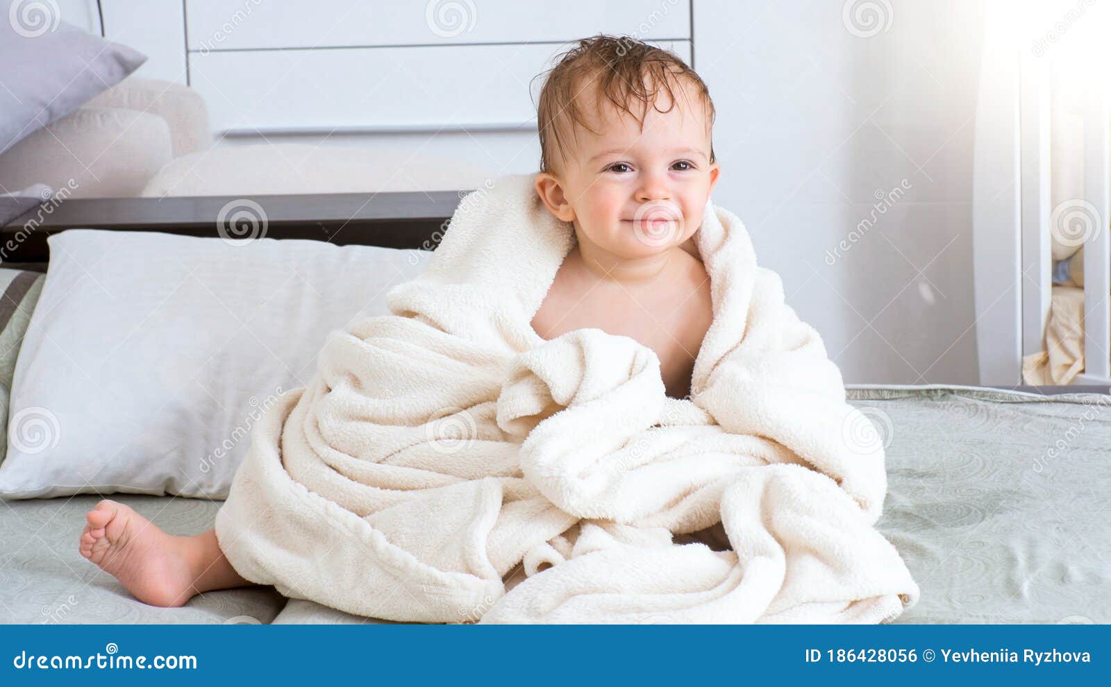 Cute Smiling Little Boy Covered in White Towel after Bath Sitting on ...