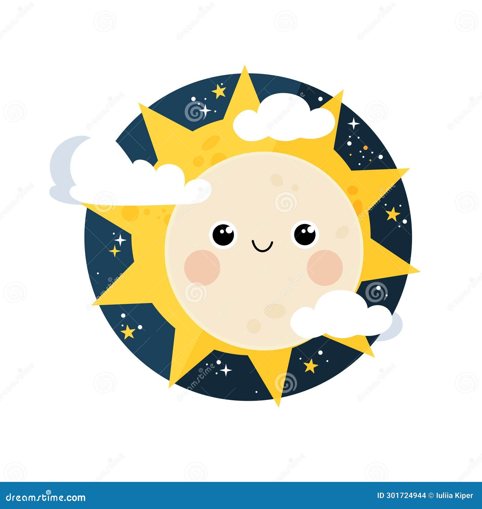 Cute Smiling Moon Character with Sunlight Behind. Vector Design of ...