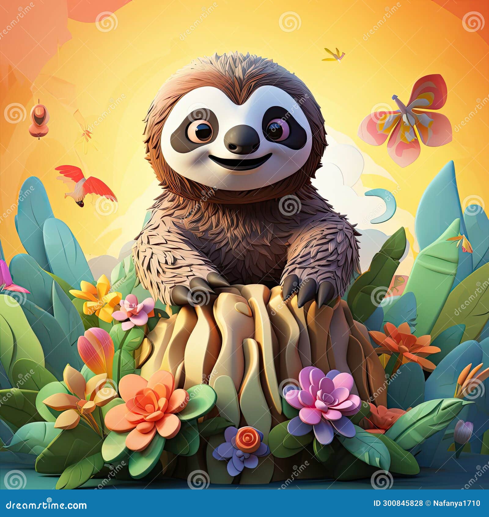 Cute Smiling Sloth Sitting on a Tree Stock Illustration - Illustration ...