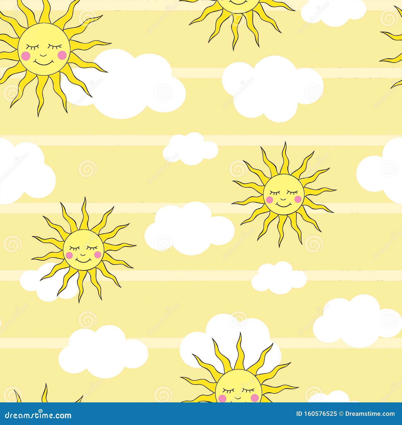Cute Smiling Sun and Clouds in the Sky Repeat Vector Seamless Pattern ...