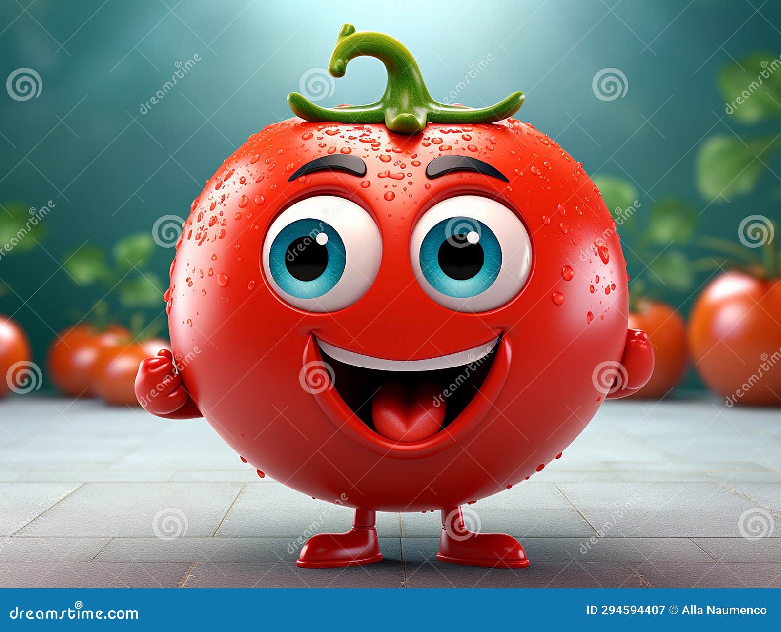 Cute Smiling Tomato Cartoon Character On Blue Background Stock Photo ...