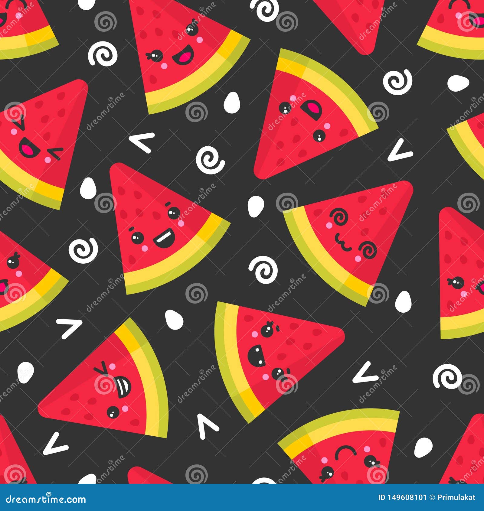 Cute Smiling Watermelon, Vector Seamless Pattern on Dark Background ... Cute Smiling Watermelon, Vector Seamless Pattern on Dark Background ...
