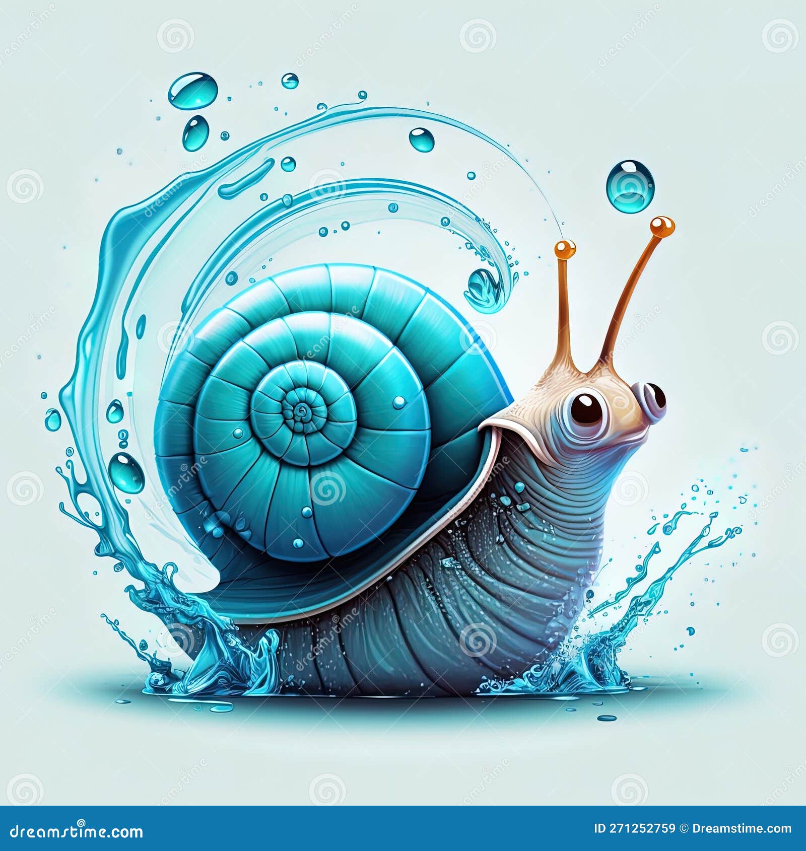 Cute Snail with Blue Shell and Splash of Water on White Background ...