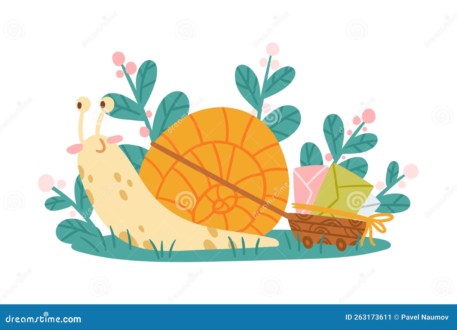 Cute Snail Character with Coiled Shell Pulling Trolley with Envelope ...