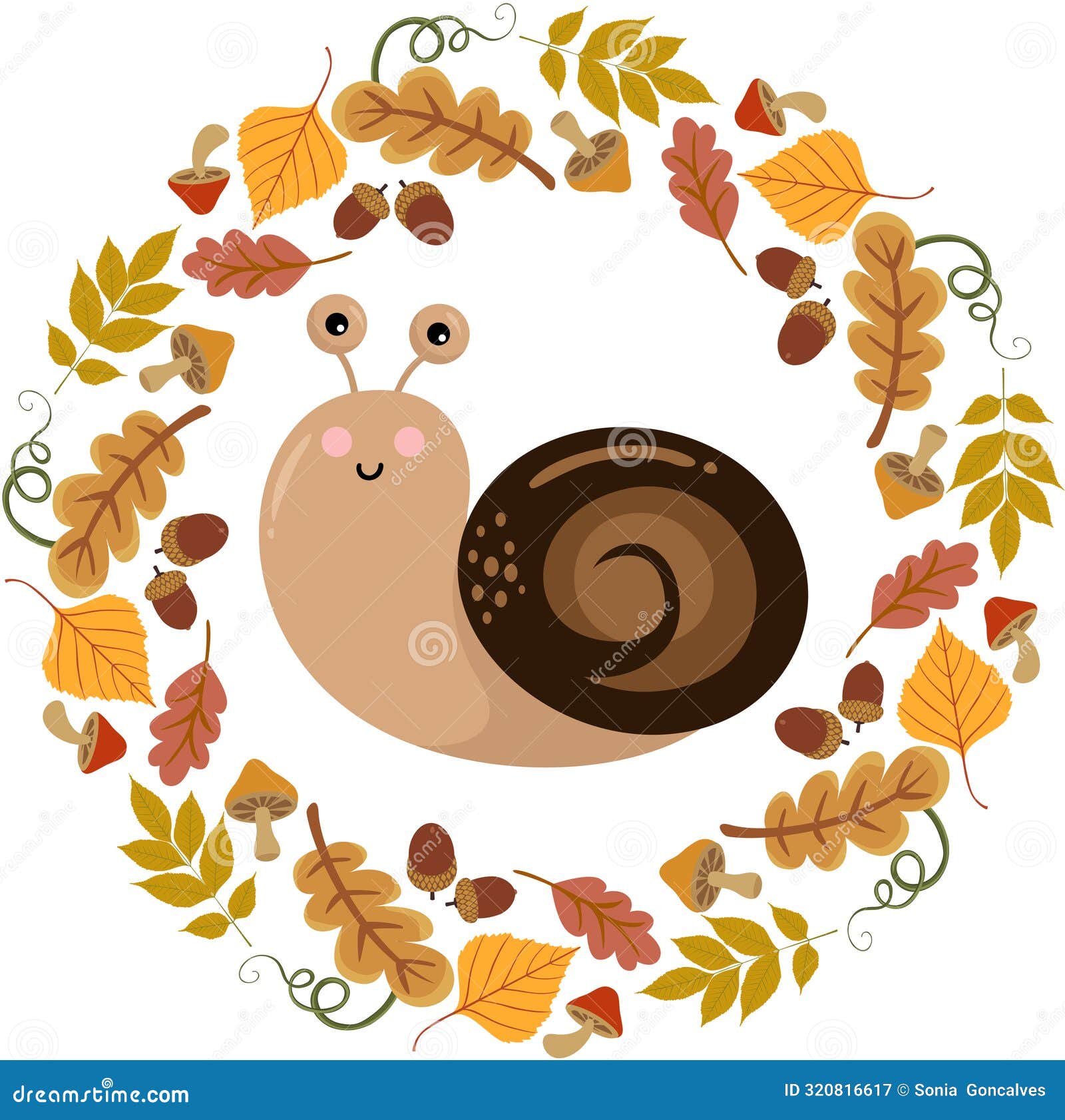 Cute Snail in the Round Frame Made of Autumn Leaves Stock Illustration ...