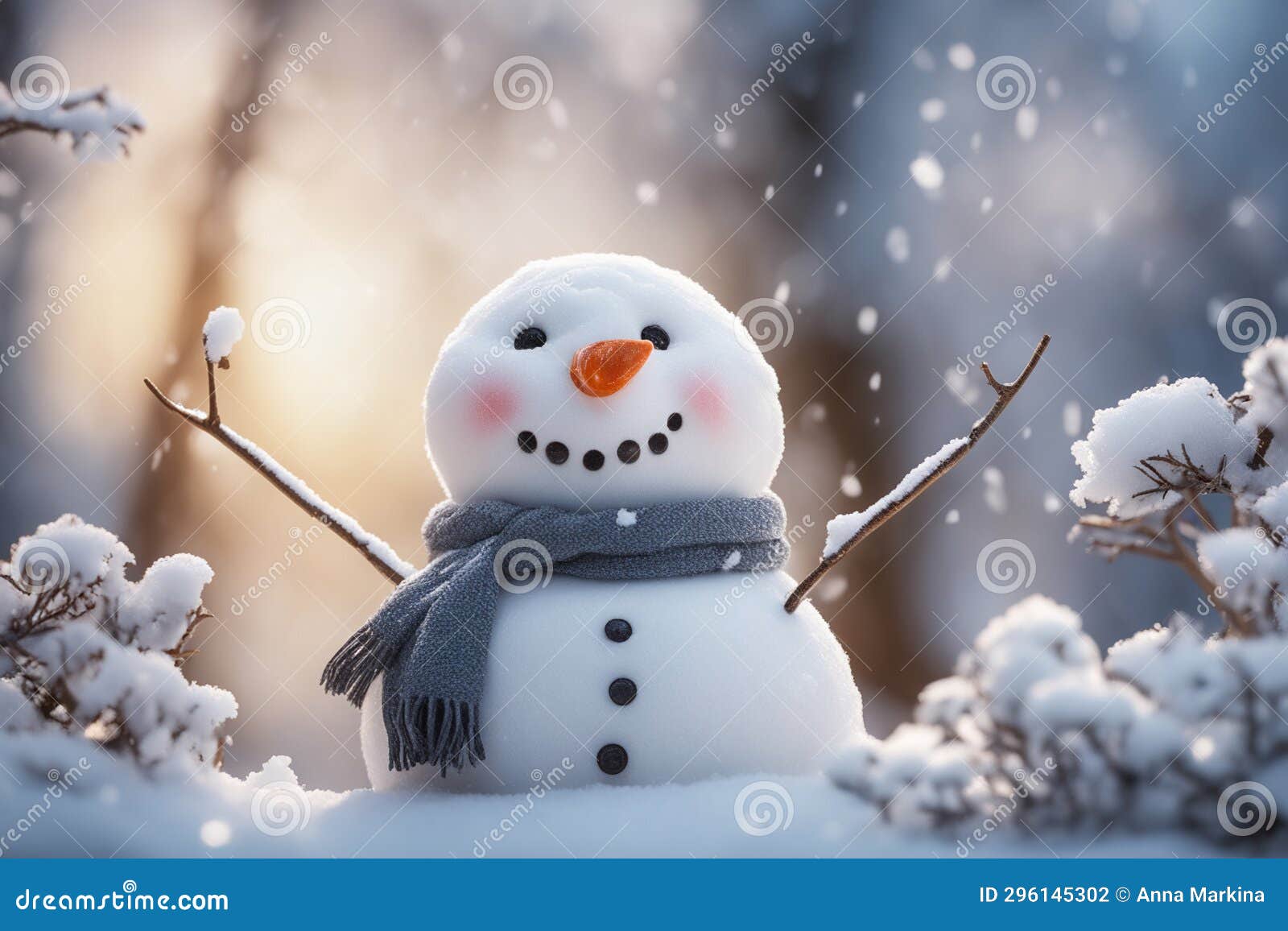 Cute Snowman Happy with Snow in Snowy Forest. Stock Illustration ...