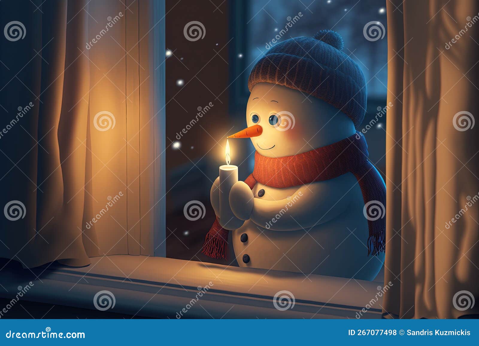Cute Snowman Holding Candle and Looking through Window. Generative Ai ...