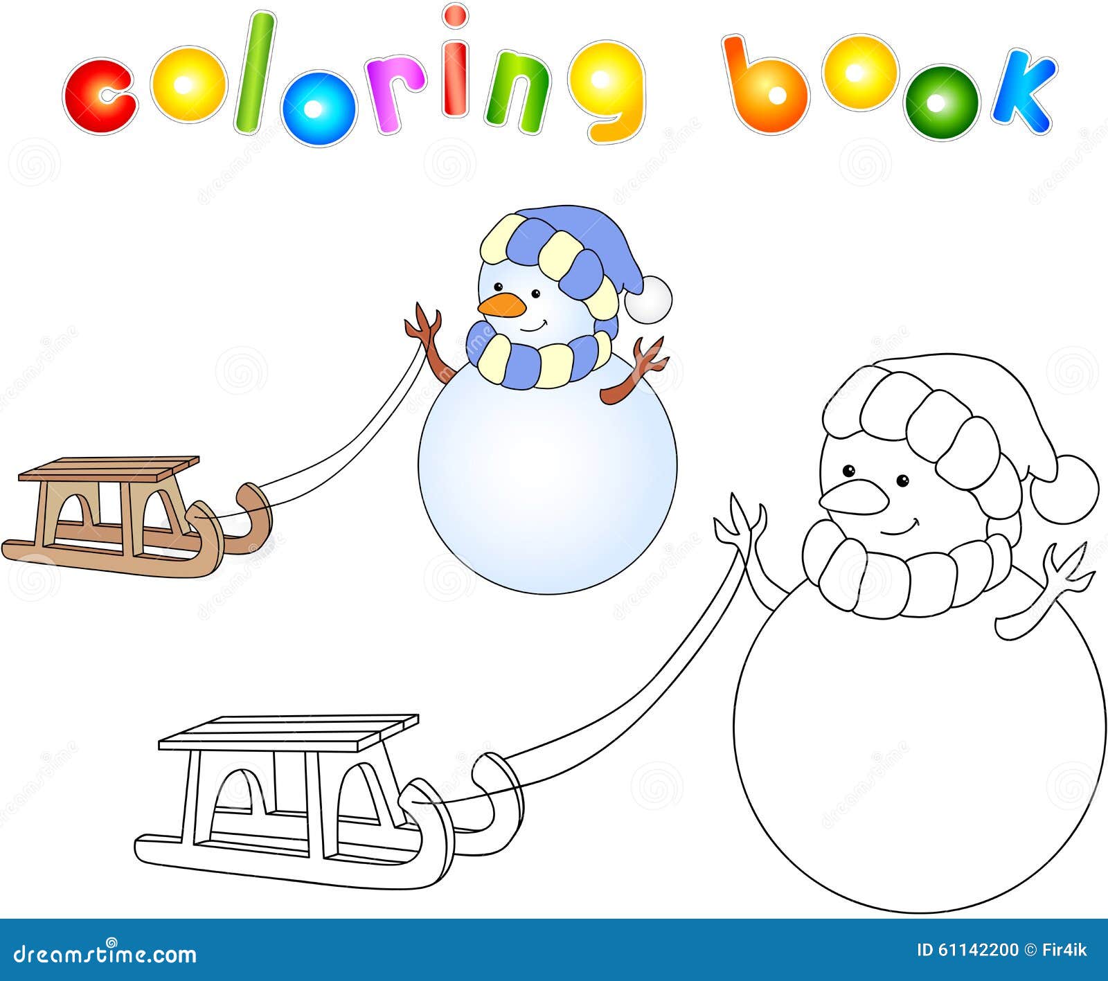 Cute Snowman with Sled. Educational Coloring Book Stock Vector ...