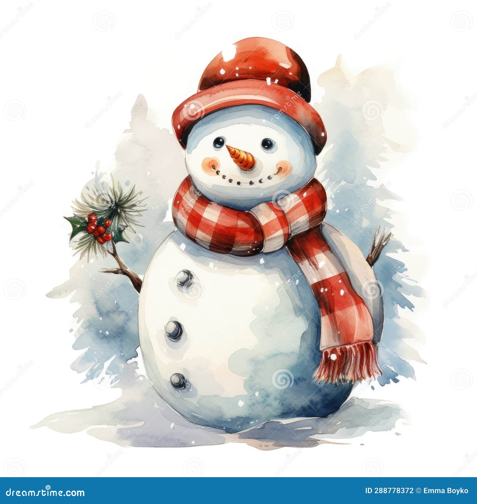 Cute Snowman on White Background in Watercolor Technique. Generative AI ...