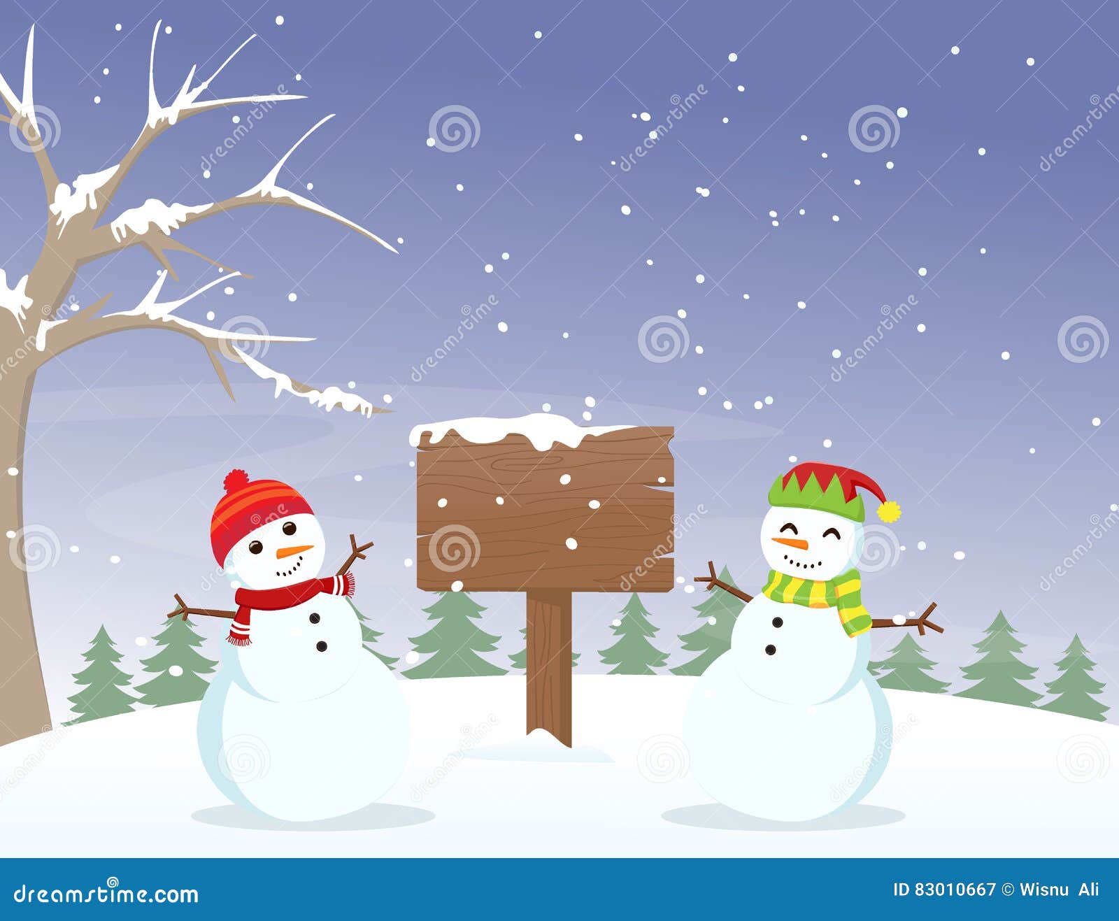 Cute Snowman with Wooden Sign Stock Vector - Illustration of outdoor ...