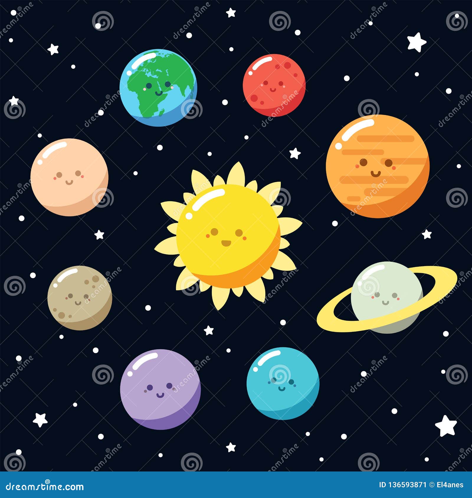 Cute Solar System In Cartoon Style Isolated On A White Background ...