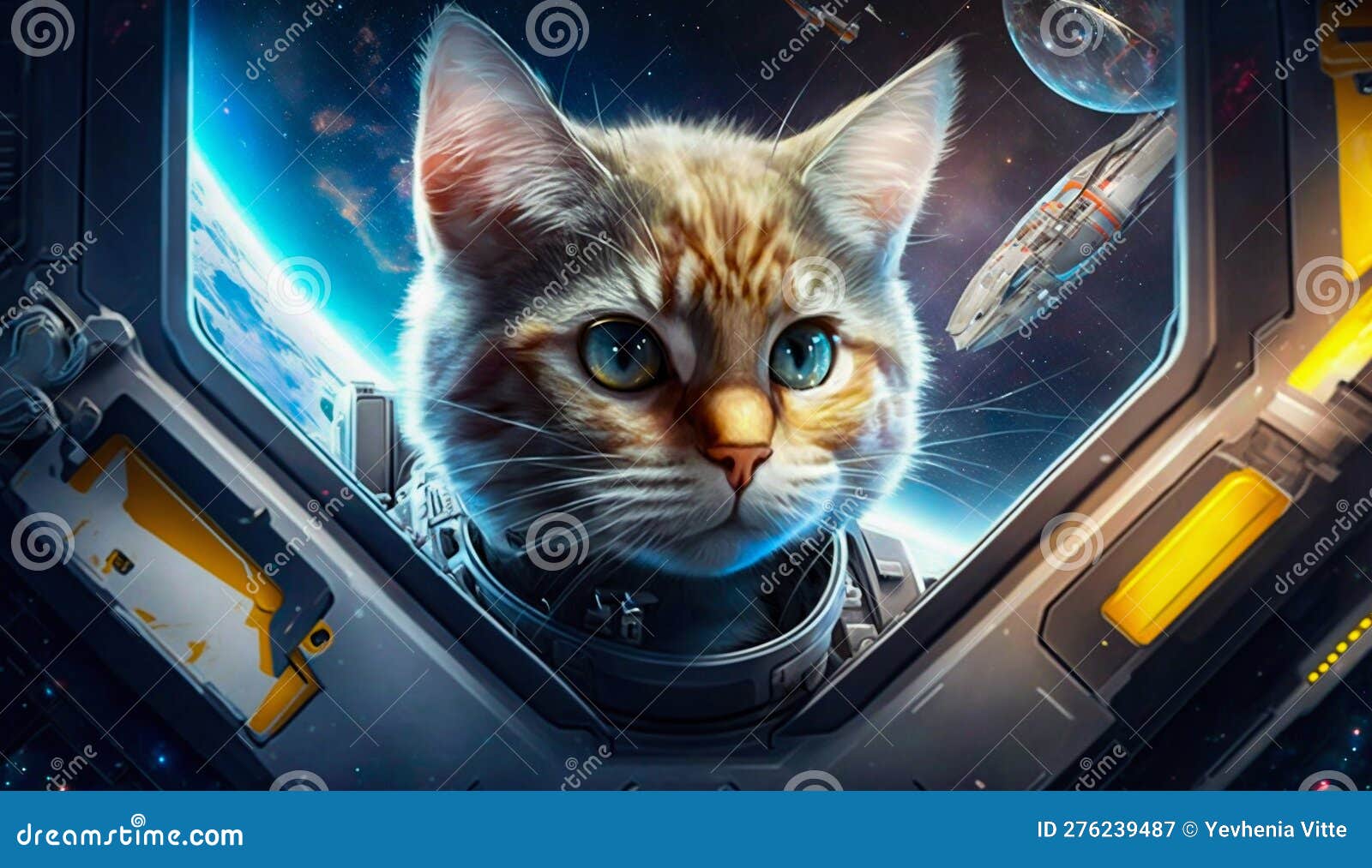 Cute Space Cat on a Big Spaceship.Generative AI Stock Illustration ...