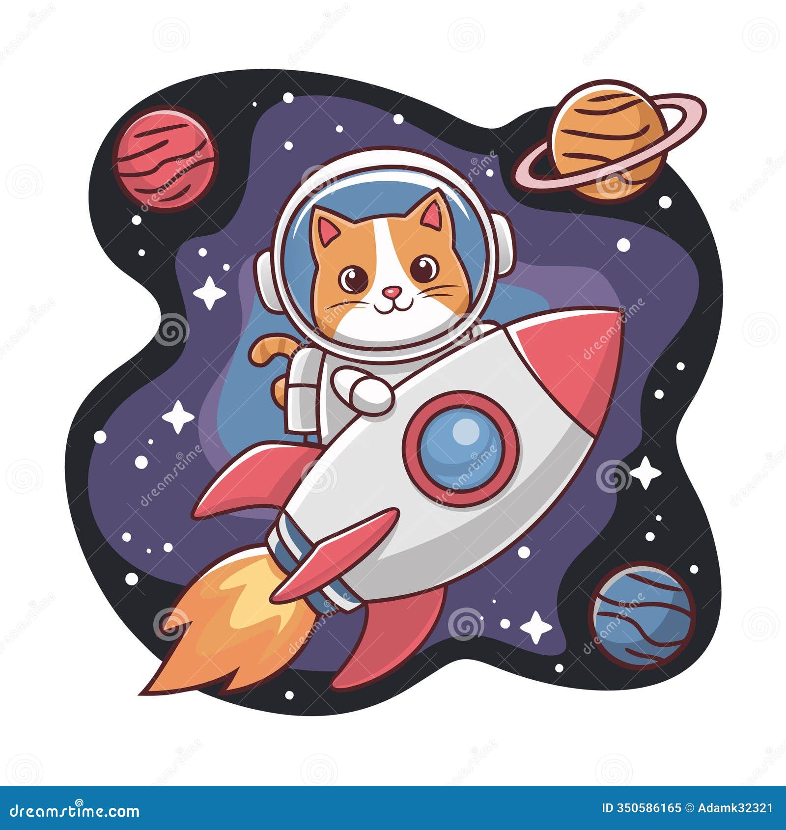 Cute Space Cat in Spaceship Exploring Planets Cartoon Vector ...