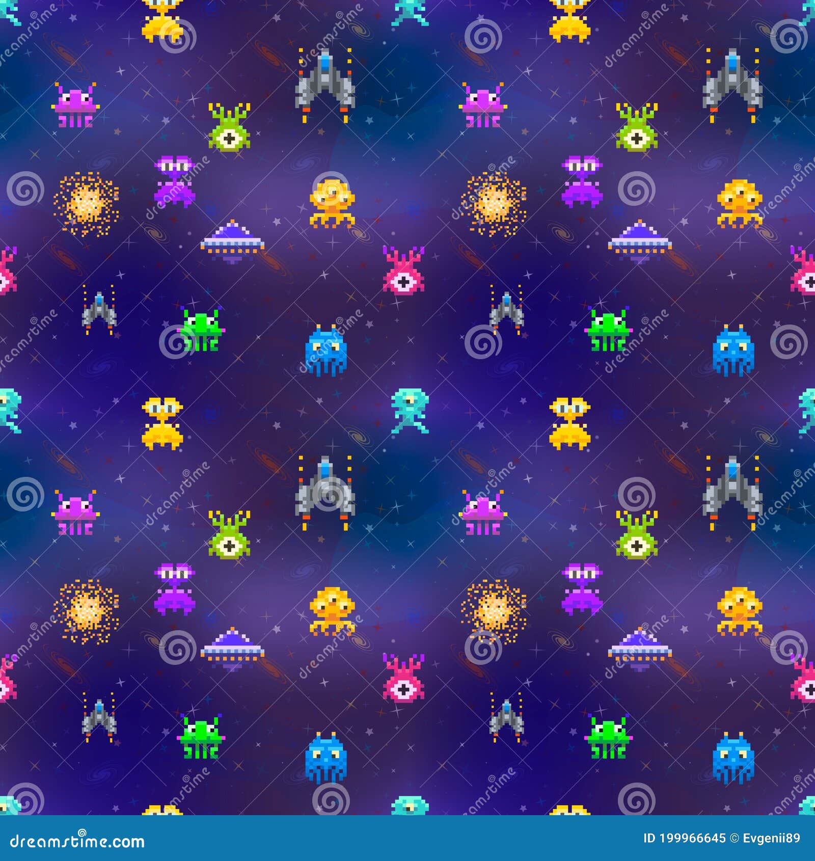 Cute Space Invaders in Pixel Art Style on Deep Space Background ...
