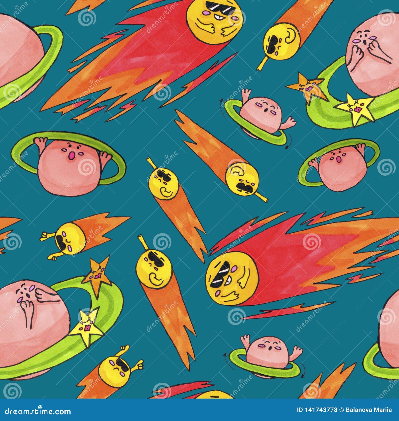 Cute Space Pattern for Kids. Comets and Saturn Stock Illustration ...