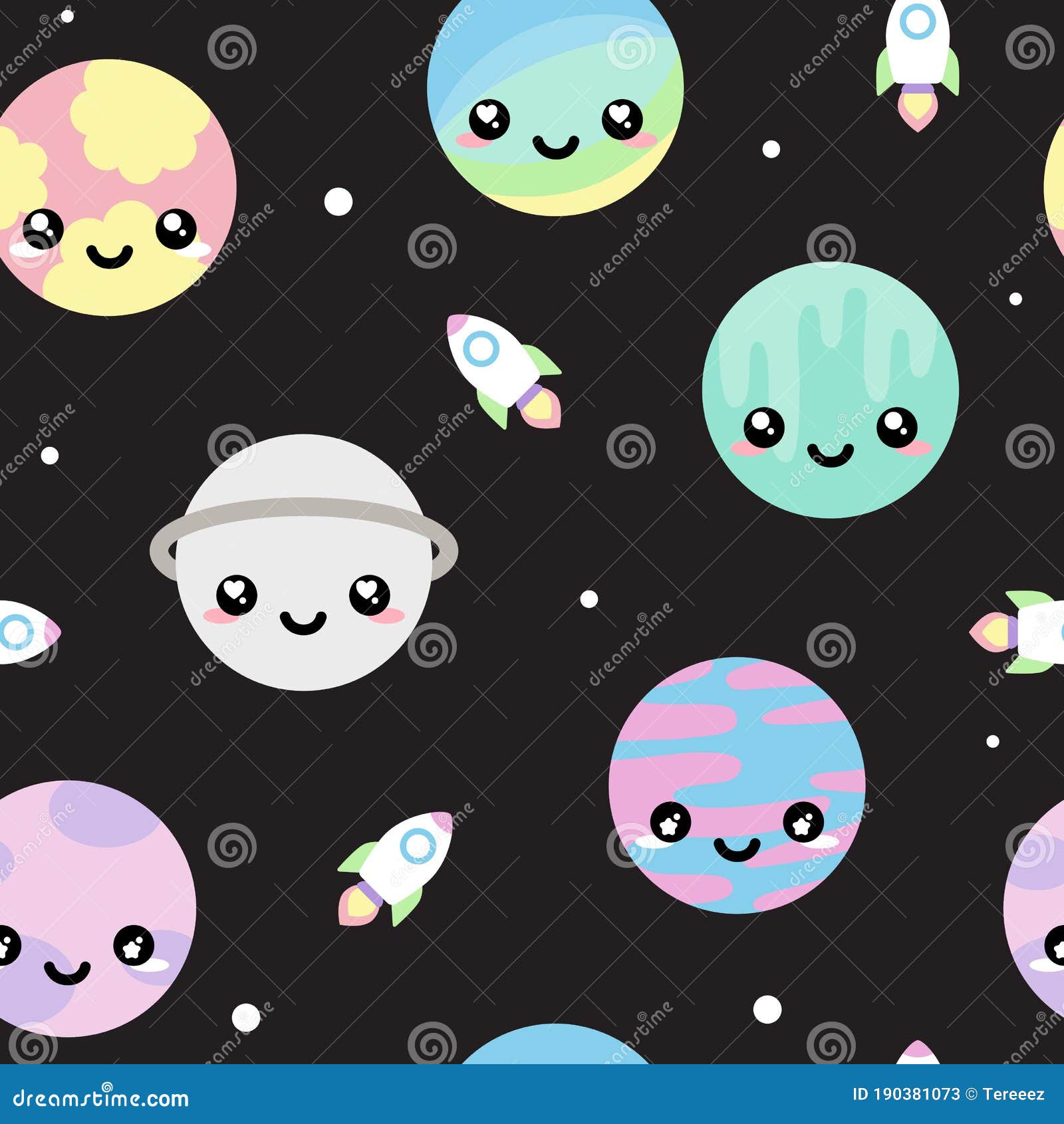 Cute Space Seamless Pattern with Rockets Kawaii Style Stock Vector ...