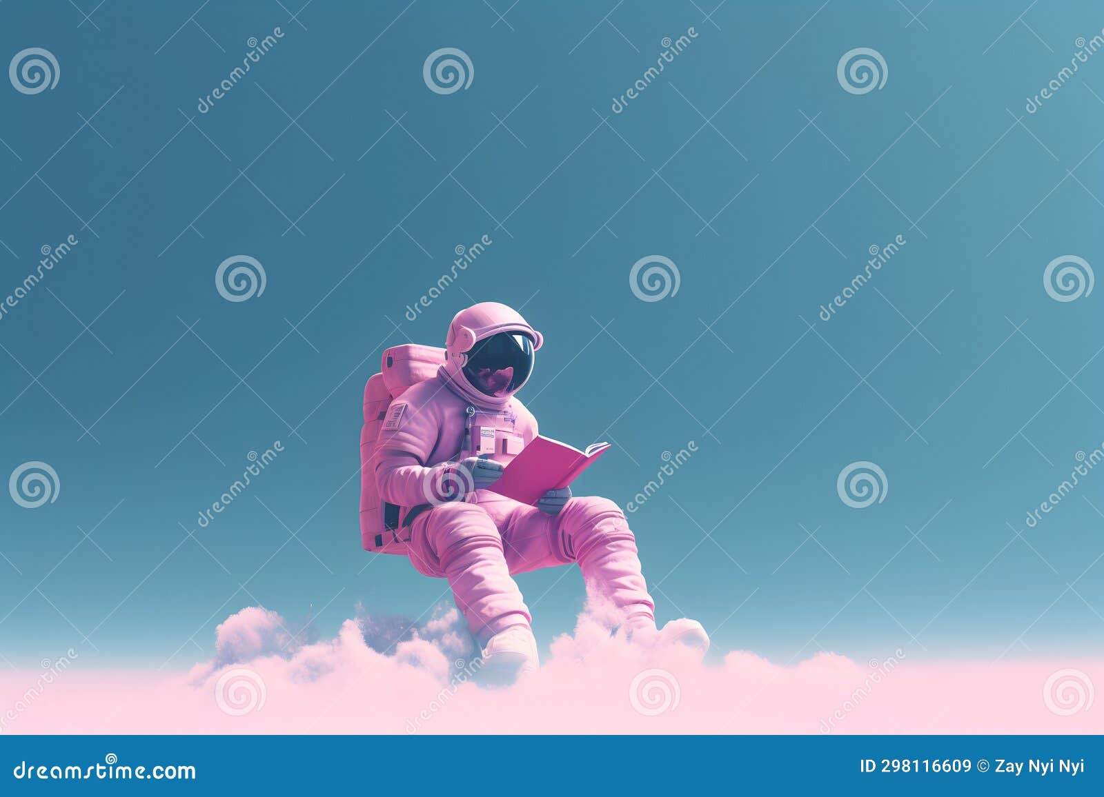 Cute Spaceman or Astronaut Sitting and Reading Book on the Cloud Stock ...