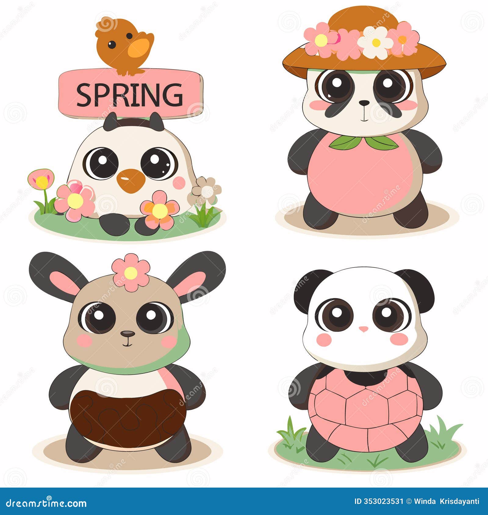 Cute Spring Animals Bird, Panda, Bunny, Turtle Stock Vector ...