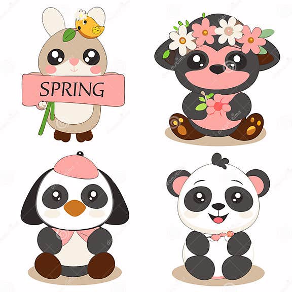 Cute Spring Animals Cartoon Characters. (2 Stock Vector - Illustration ...