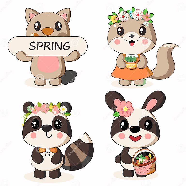 Cute Spring Animals Cartoon Characters. (3 Stock Vector - Illustration ...