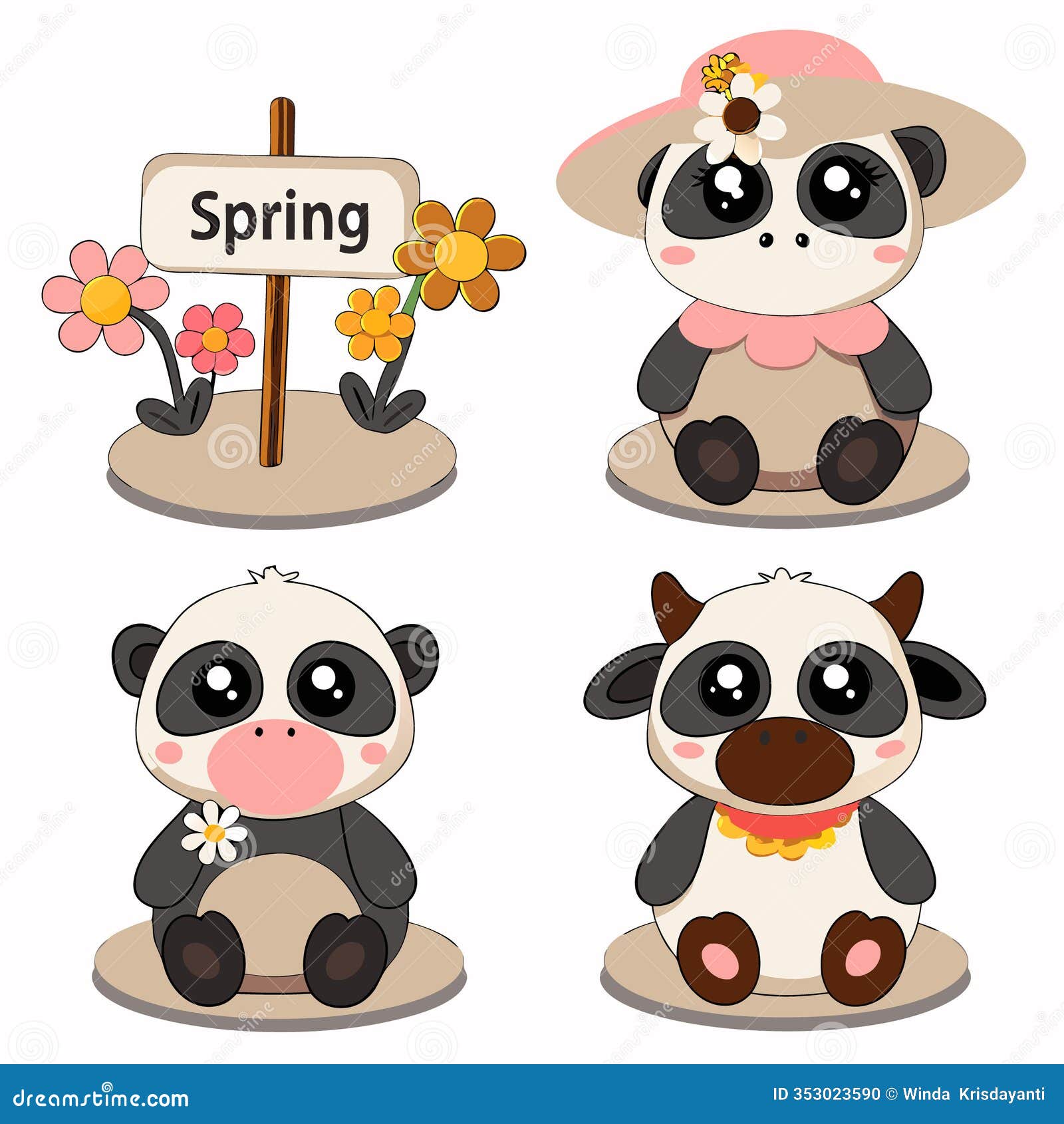 Cute Spring Animals Panda, Cow Stock Vector - Illustration of sweet ...