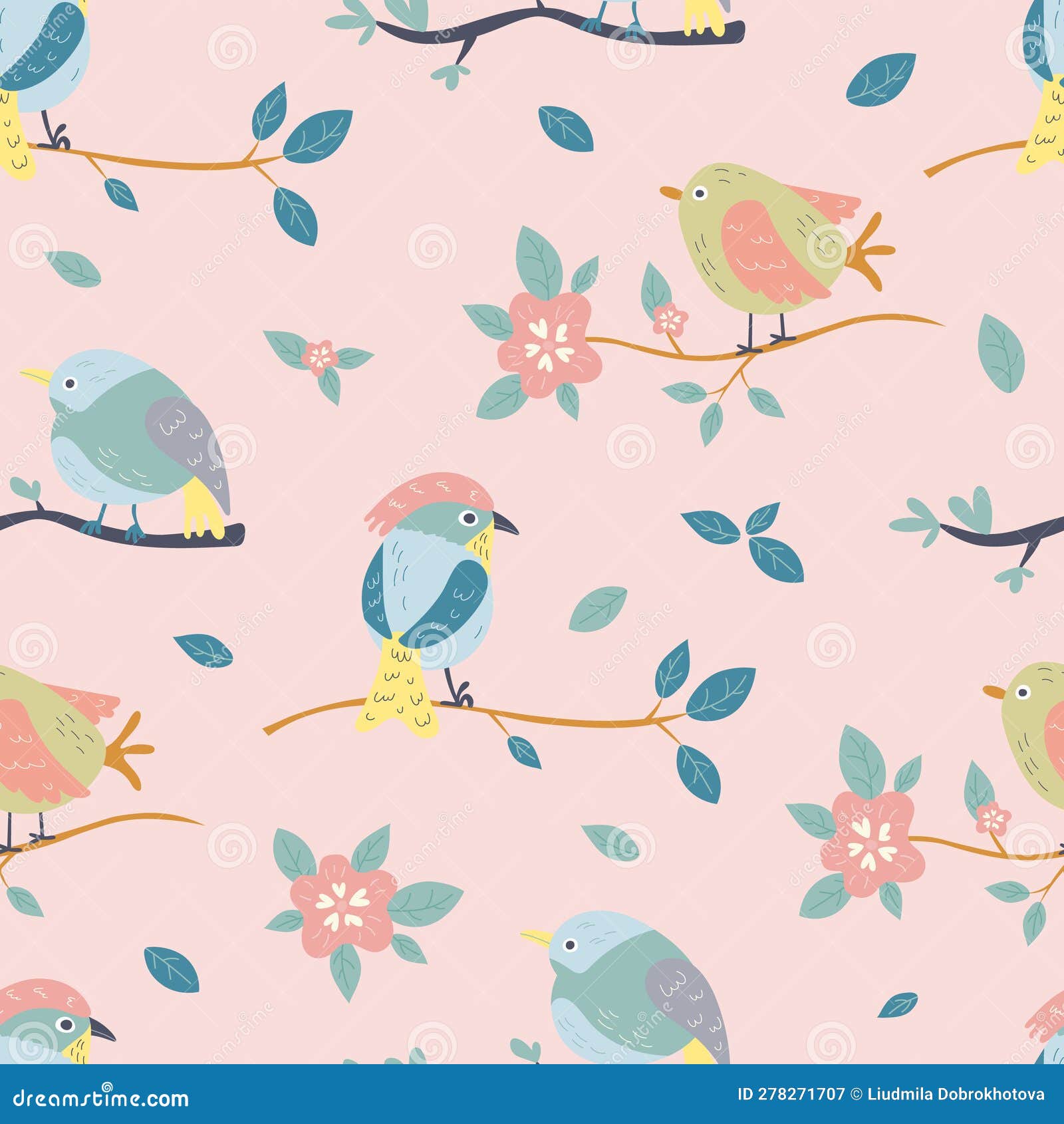 Cute Spring Birds and Flowers Seamless Pattern Stock Vector ...