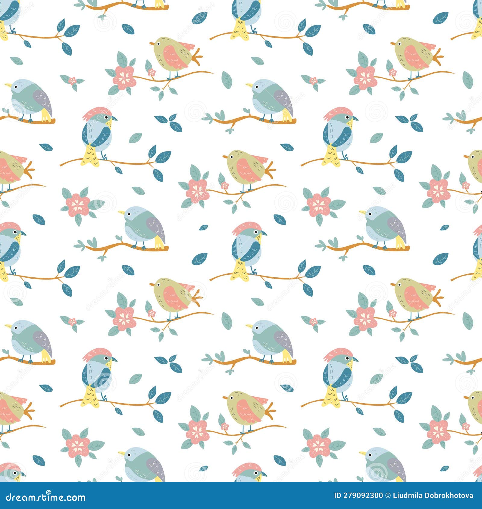 Cute Spring Birds and Flowers Seamless Pattern Stock Vector ...