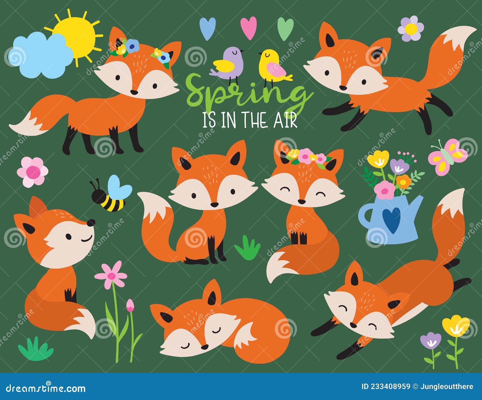 Cute Happy Spring Fox Vector Illustration Stock Vector - Illustration ...