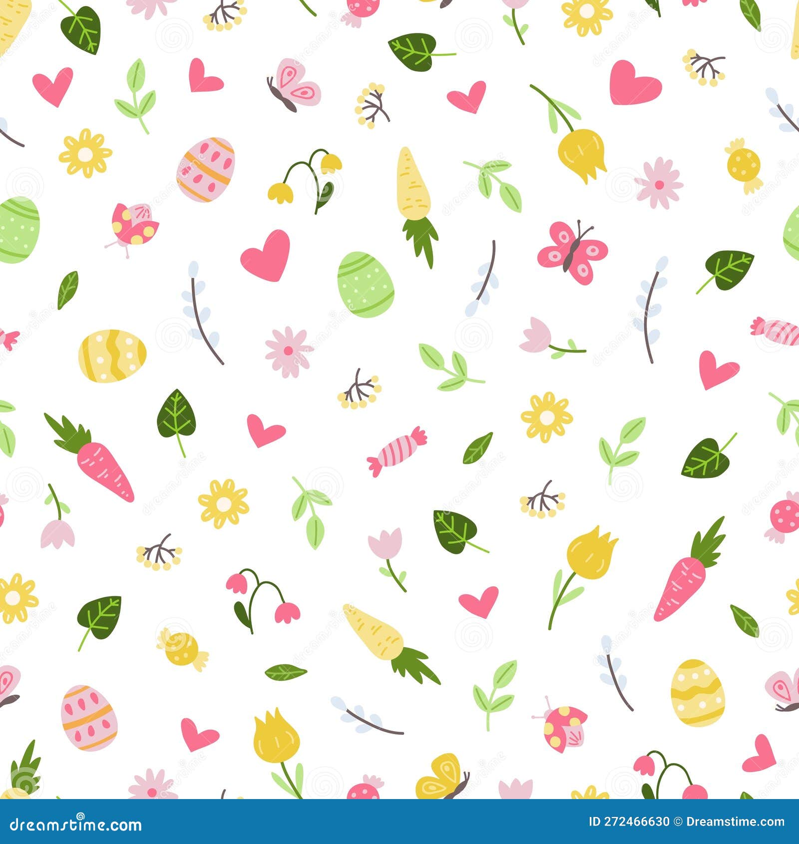 Cute Spring Graphics, Flowers, Leaves, Decorative Eggs Seamless Pattern ...