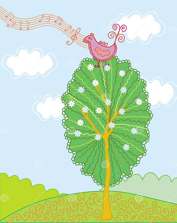Cute Spring Landscape with Bird Stock Vector - Illustration of beak ...