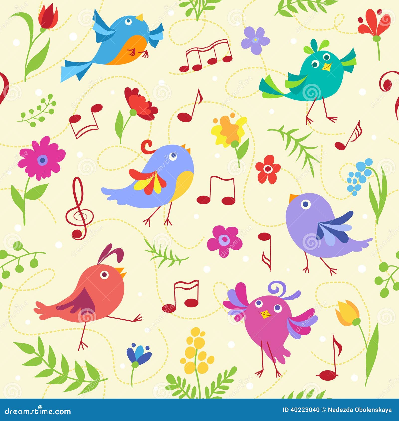 Cute Spring Musical Birds Seamless Pattern Stock Vector - Illustration ...