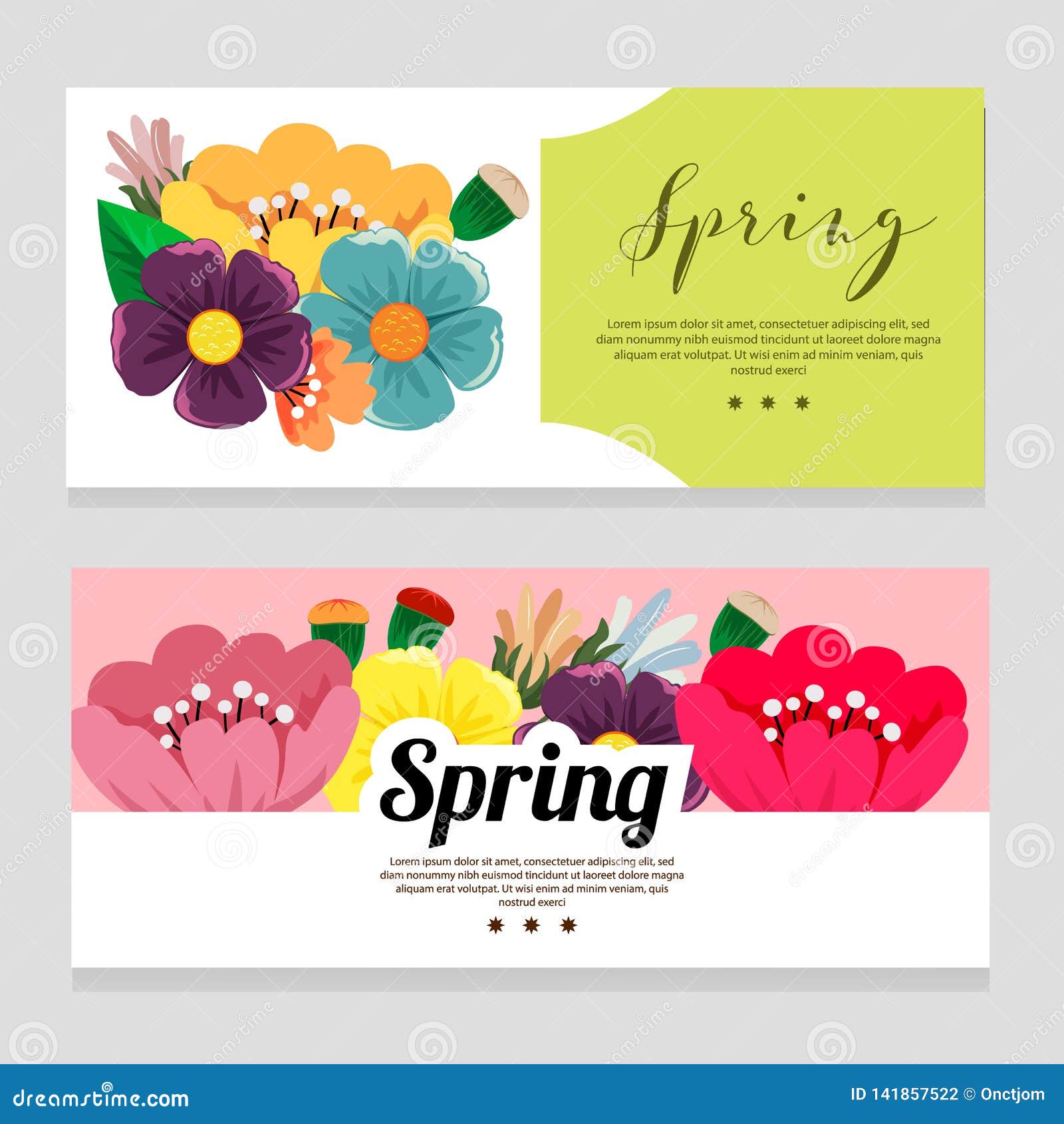 Cute Spring Theme Banner with Flower Foliage Flat Style Stock Vector ...
