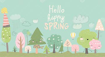 Cute Spring Trees. Cartoon Spring Trees on Blue Background Stock Vector ...