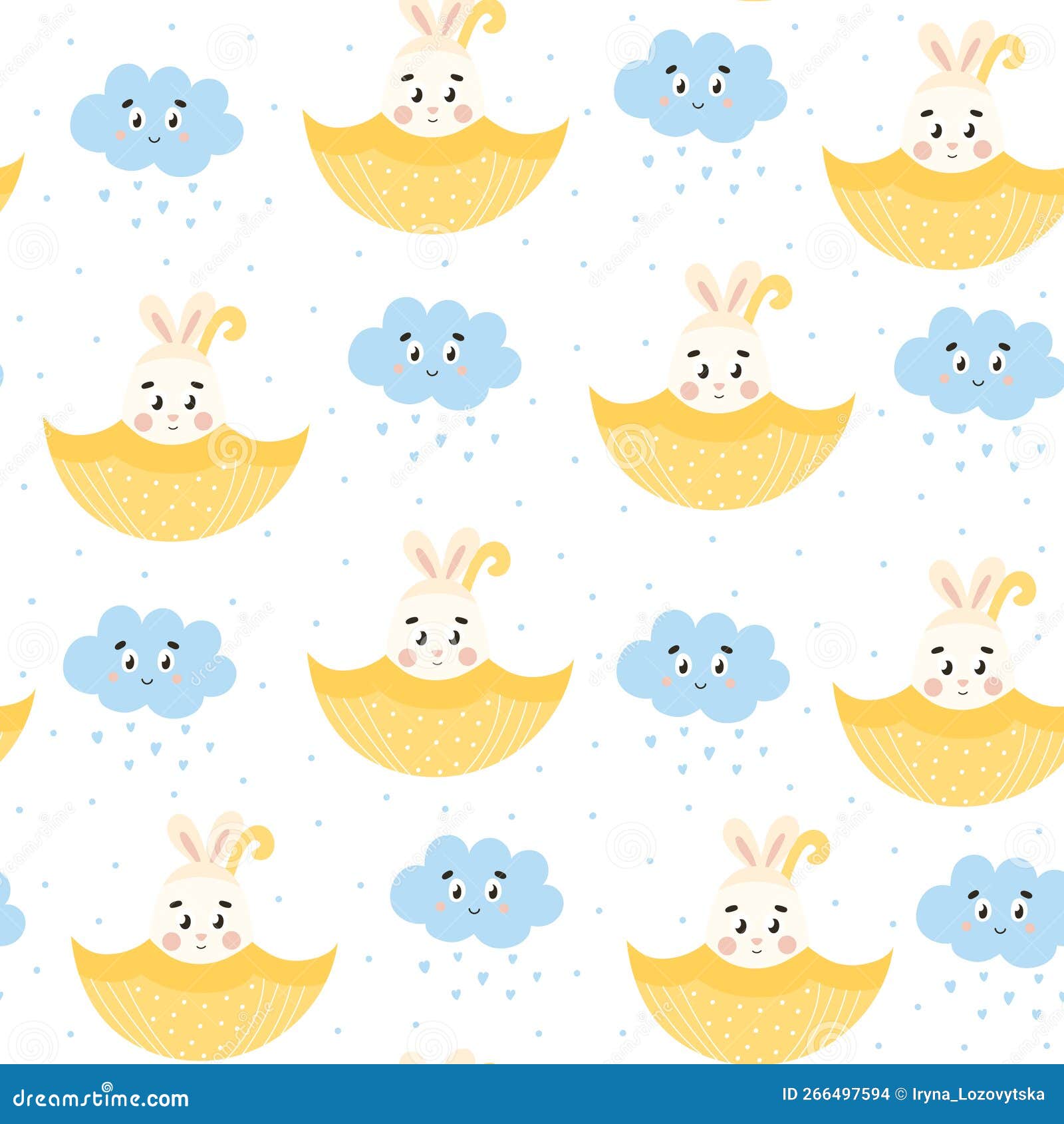 Cute Springtime Pattern with Bunny in Umbrella with Flowers and Rain on ...