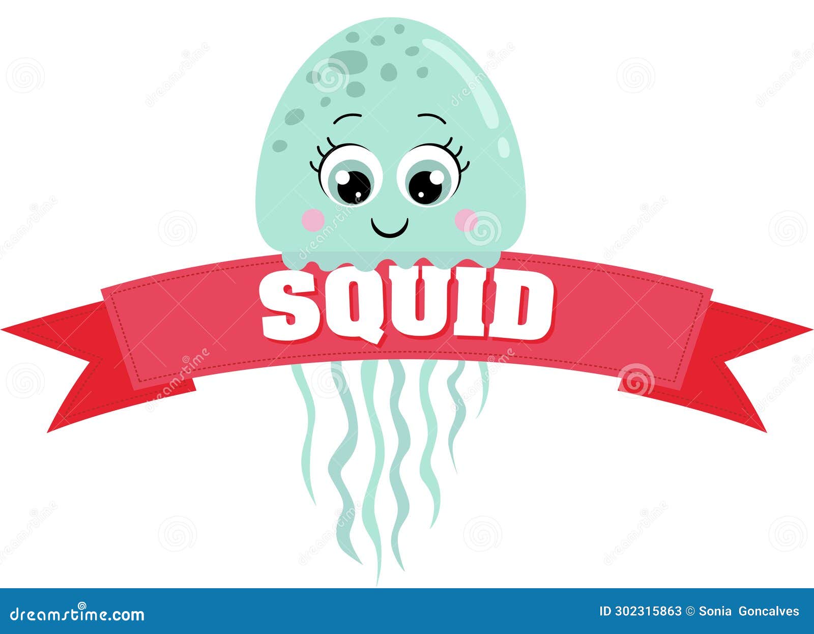 Cute Squid Holding a Ribbon Banner with the Word Squid Stock Vector ...