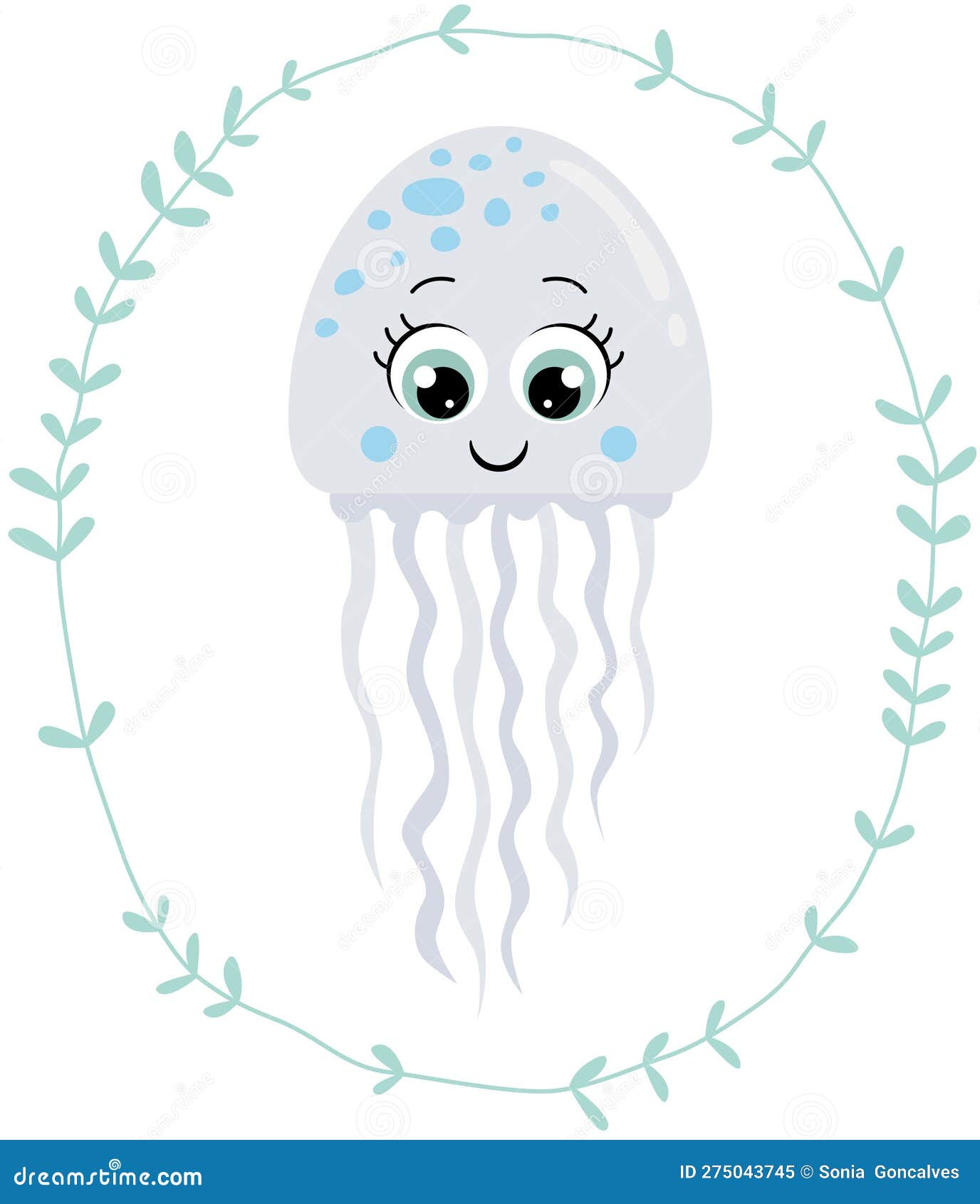 Cute Squid Inside an Oval Leaves Border Stock Vector - Illustration of ...