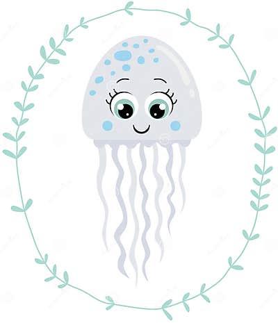 Cute Squid Inside an Oval Leaves Border Stock Vector - Illustration of ...