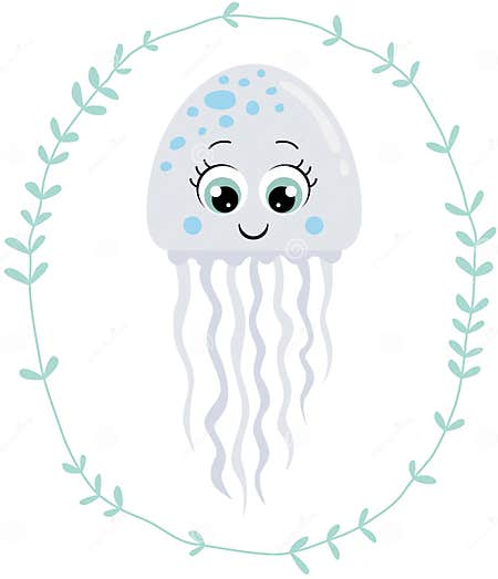 Cute Squid Inside an Oval Leaves Border Stock Vector - Illustration of ...