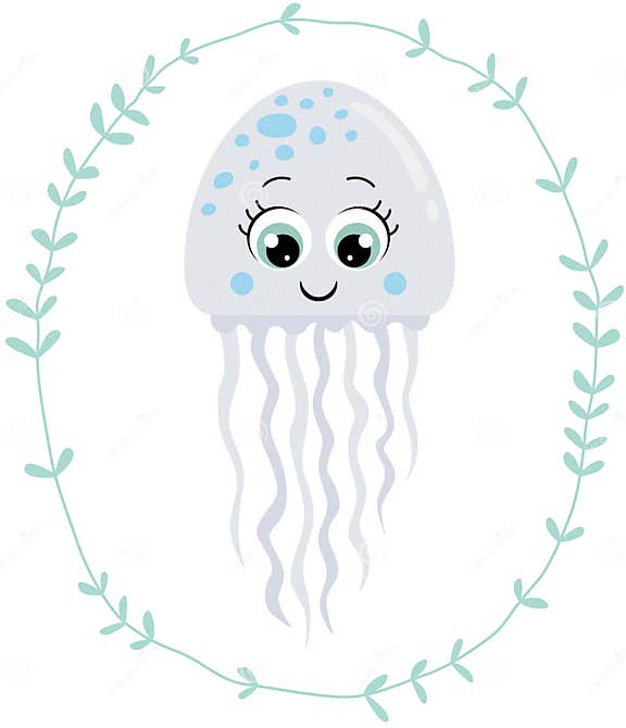 Cute Squid Inside an Oval Leaves Border Stock Vector - Illustration of ...