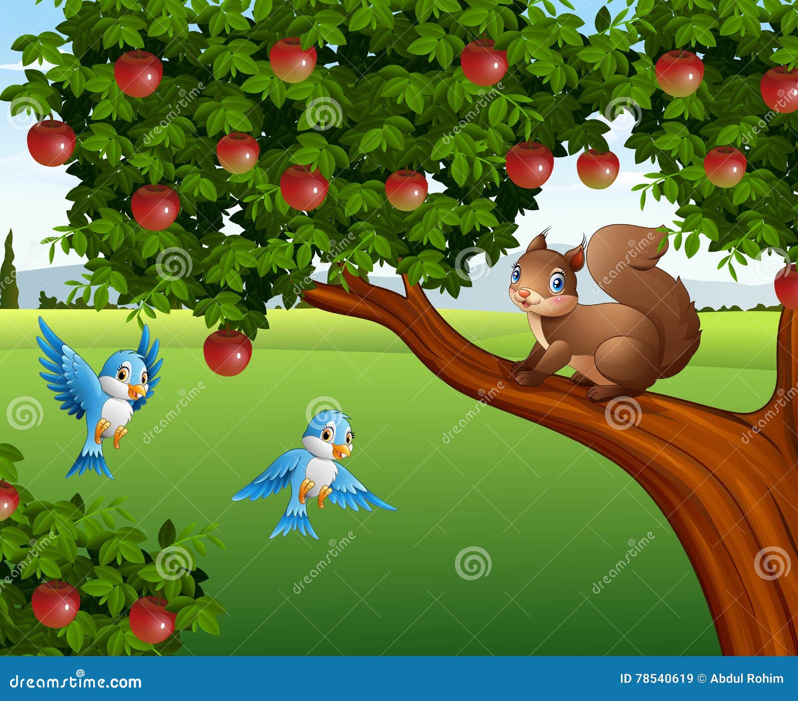 Cute Squirrel on the Apple Tree Stock Vector - Illustration of food ...