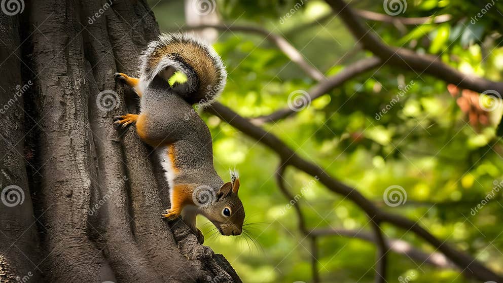 A Cute Squirrel is Climbing Down from a Tree in a Jungle Stock ...