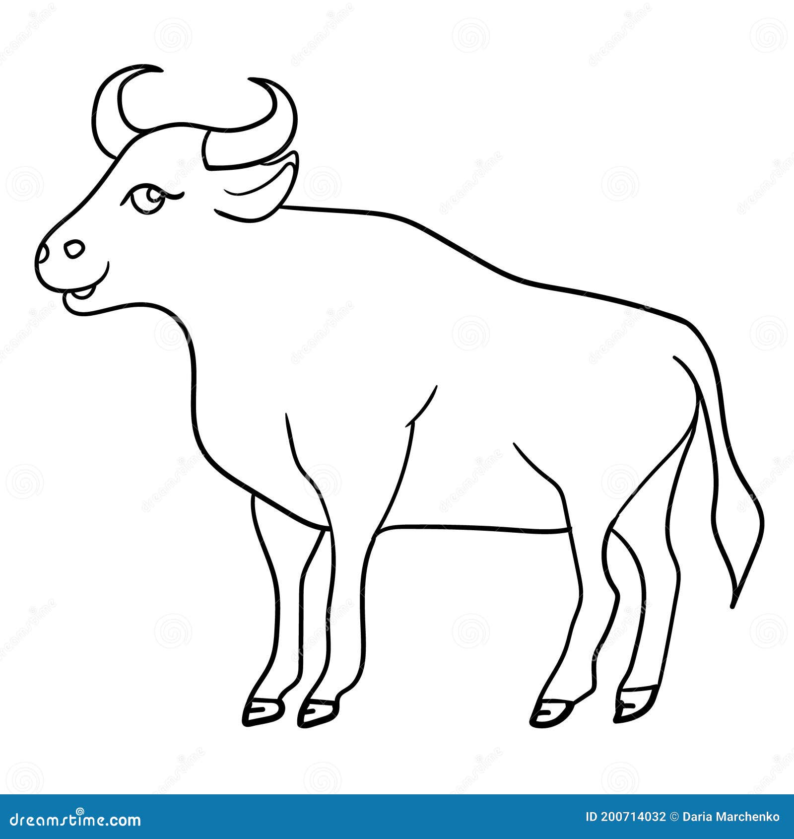 Cute Standing Bull in Cartoon Style. Outline, Black and White Image ...