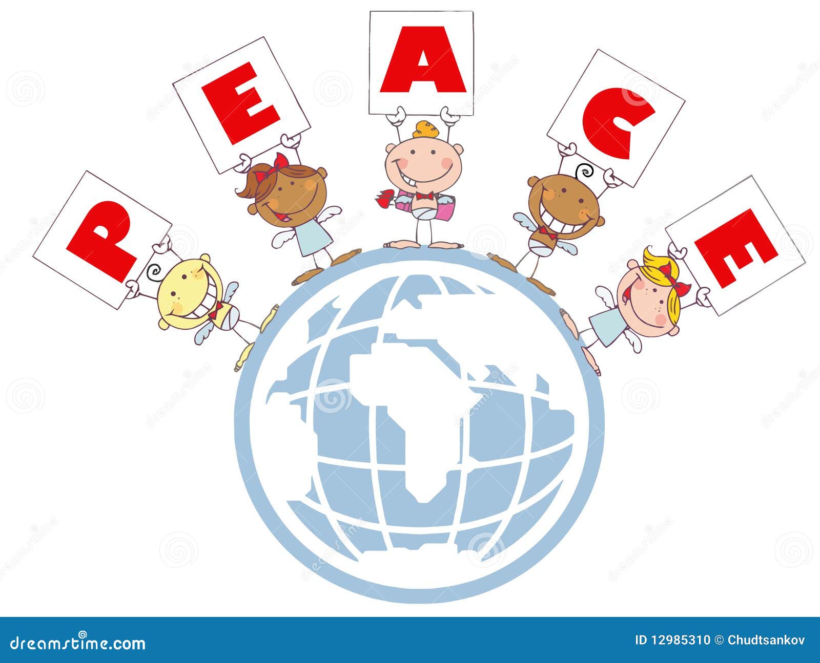 Cute Stick Cupids Holding Peace Signs on a Globe Stock Vector ...