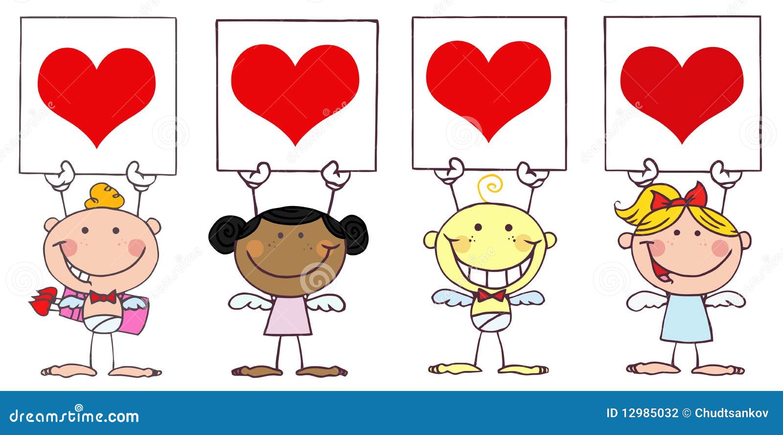 Cute Stick Cupids Holding Red Heart Signs Stock Vector - Illustration ...