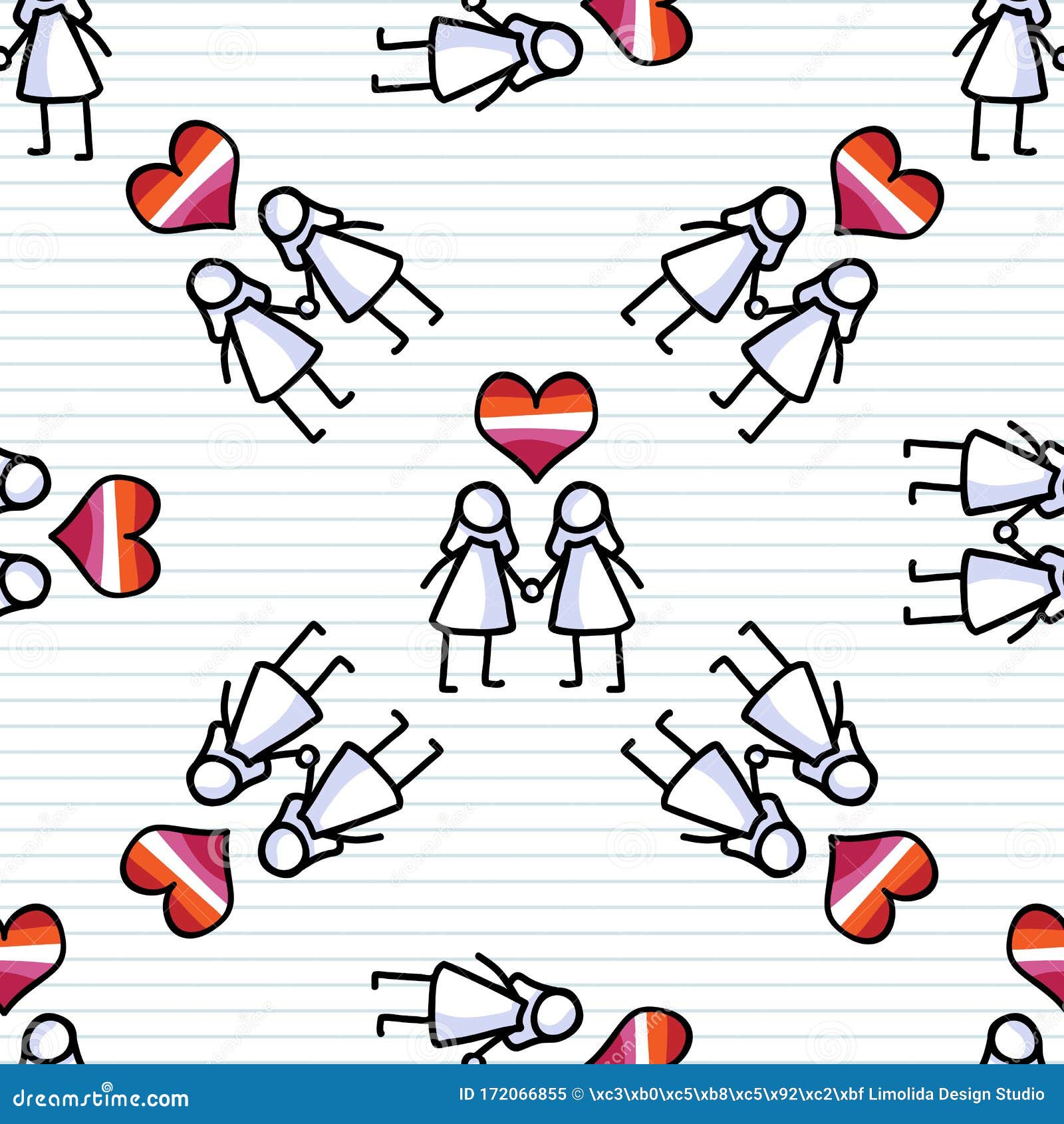 Cute Stick Figure Lesbian Women Relationship Seamless Vector Pattern