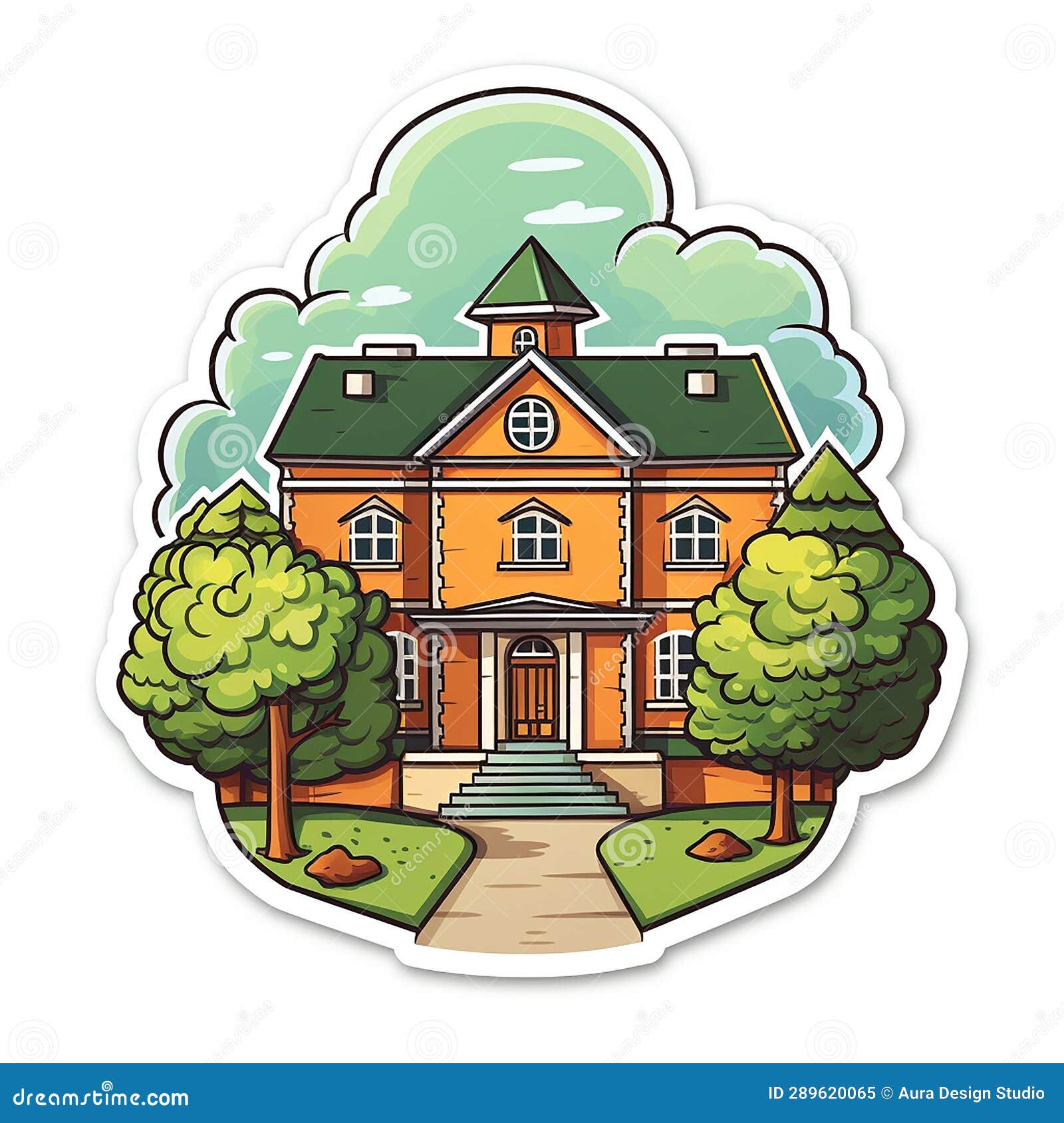 Cute Sticker of School Building with Trees on White Isolated Background ...